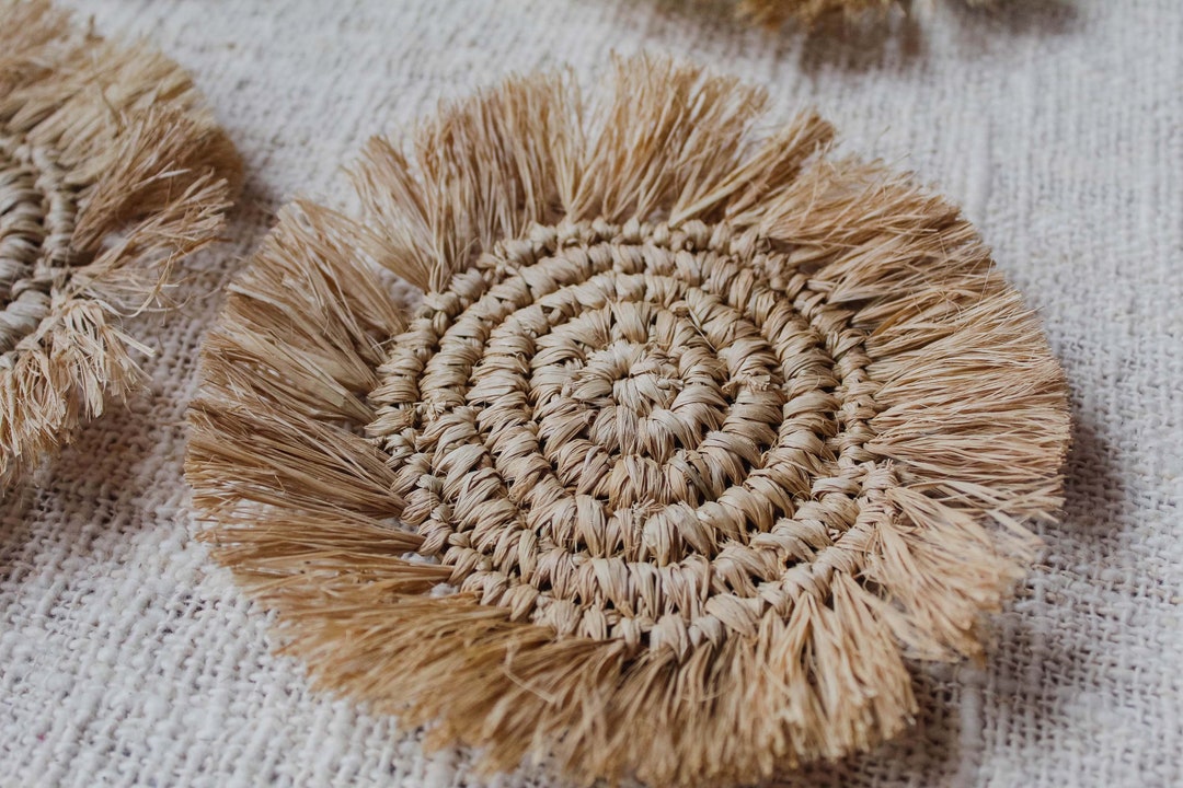 Handcrafted Coaster Set With Natural Raffia Fringes, Unique and ...