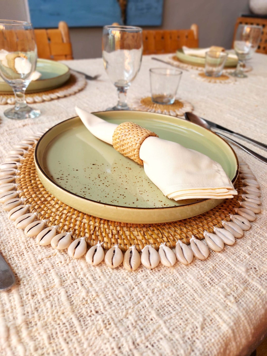 Set of Natural Rattan Placemats With Cowrie Shells, Round Placemats ...