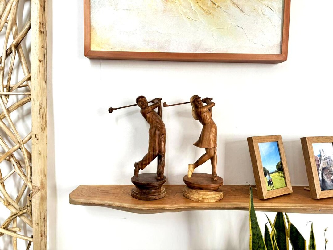 Hand Carved Wooden Golfer Statues Set of 2 – Male & Female Golf Figurines, Rustic Wood Sculpture ...