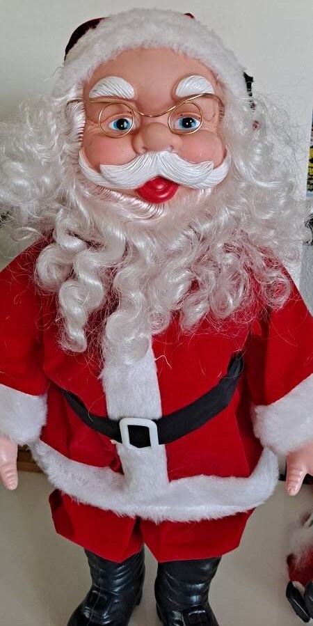Large Santa Doll Dressed in Velvet Jacket, Pants and Plastic Black ...