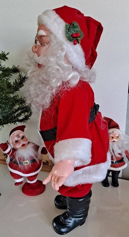 Large Santa Doll Dressed in Velvet Jacket, Pants and Plastic Black ...