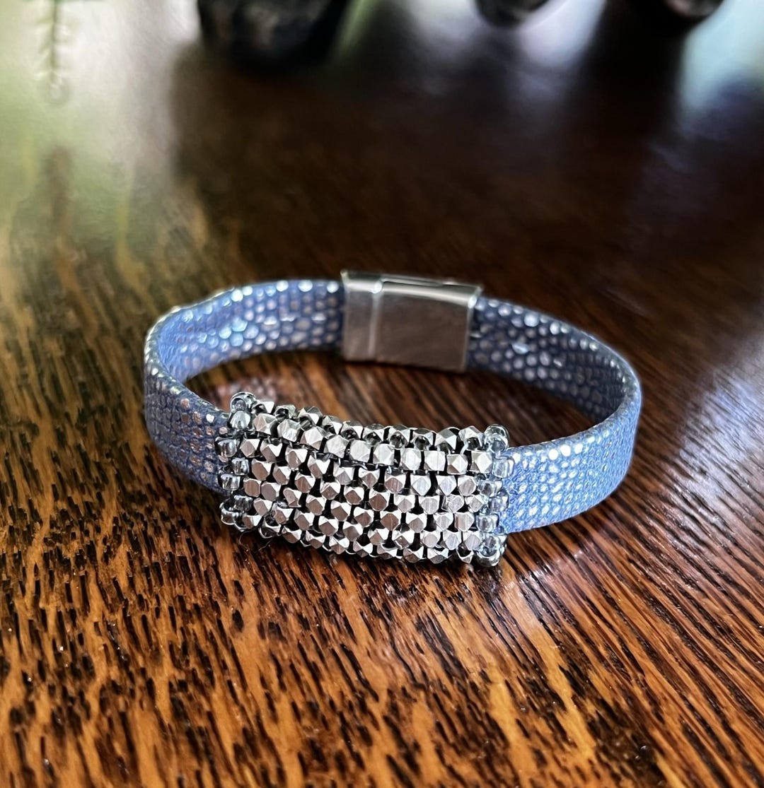 Blue Metallic Leather Bracelet With Hand Beaded Focal. - Etsy