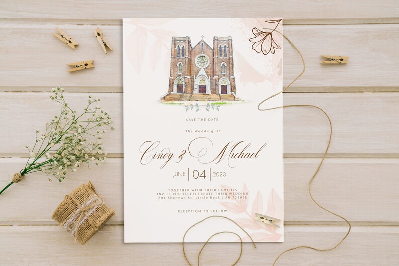 Custom Wedding Venue Invitation Card, Church Portrait, Personalized ...