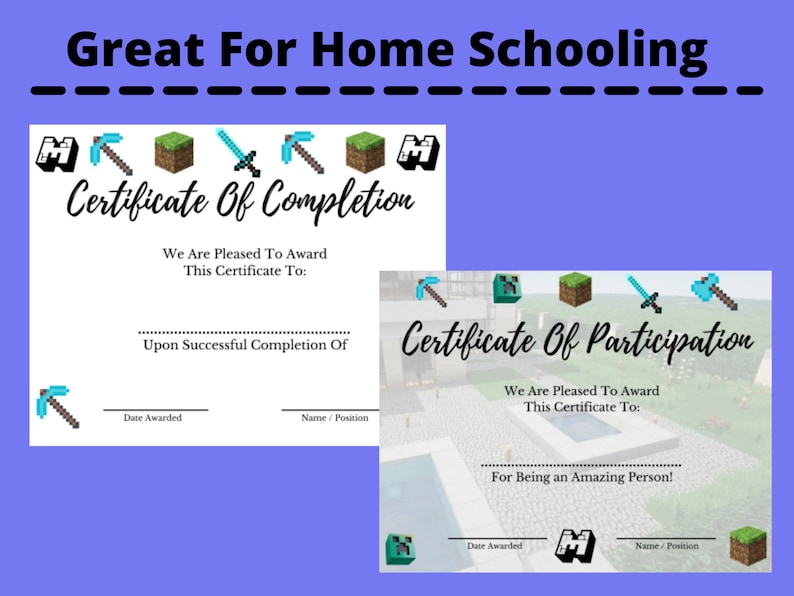 Certificate of Participation - Minecraft Theme, 4 Different Style ...