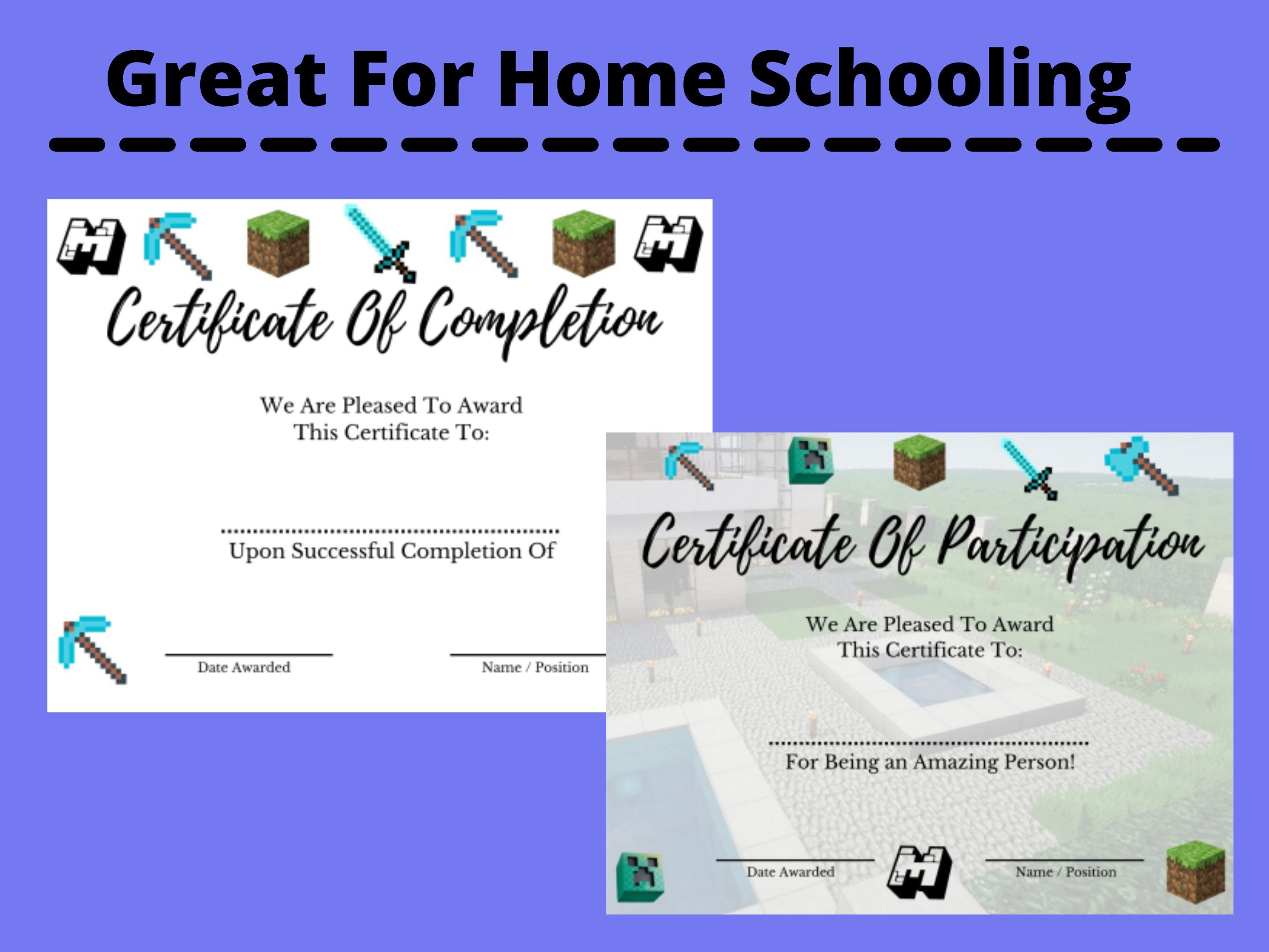 Certificate of Participation - Minecraft Theme, 4 Different Style ...