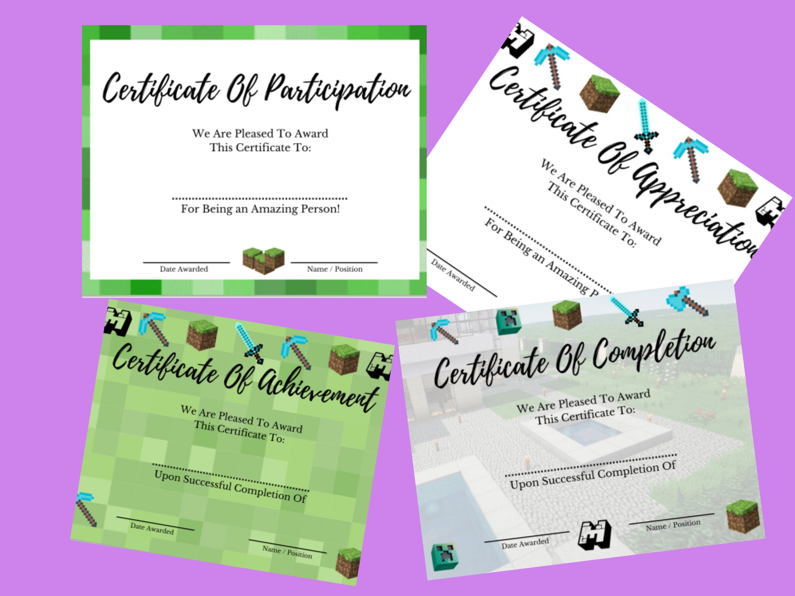 Certificate of Participation - Minecraft Theme, 4 Different Style ...