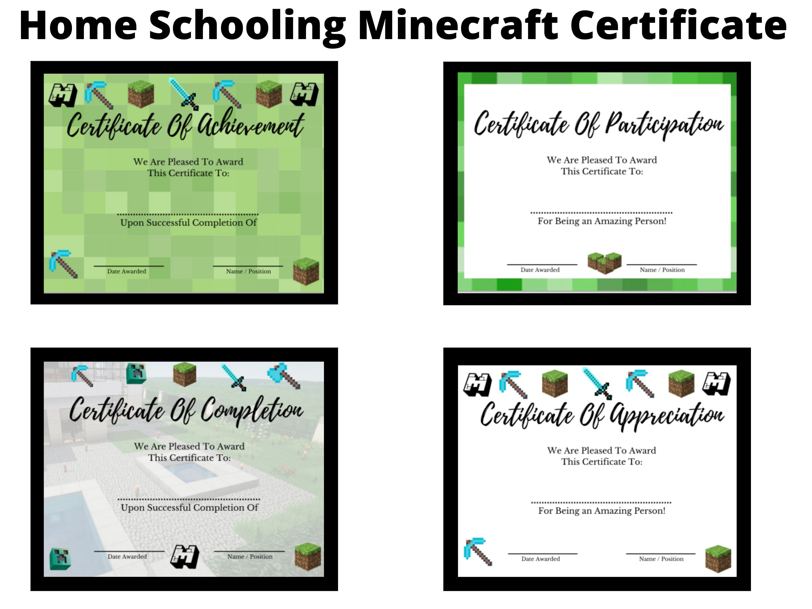 Certificate of Achievement - Minecraft Theme, 4 Different Style ...