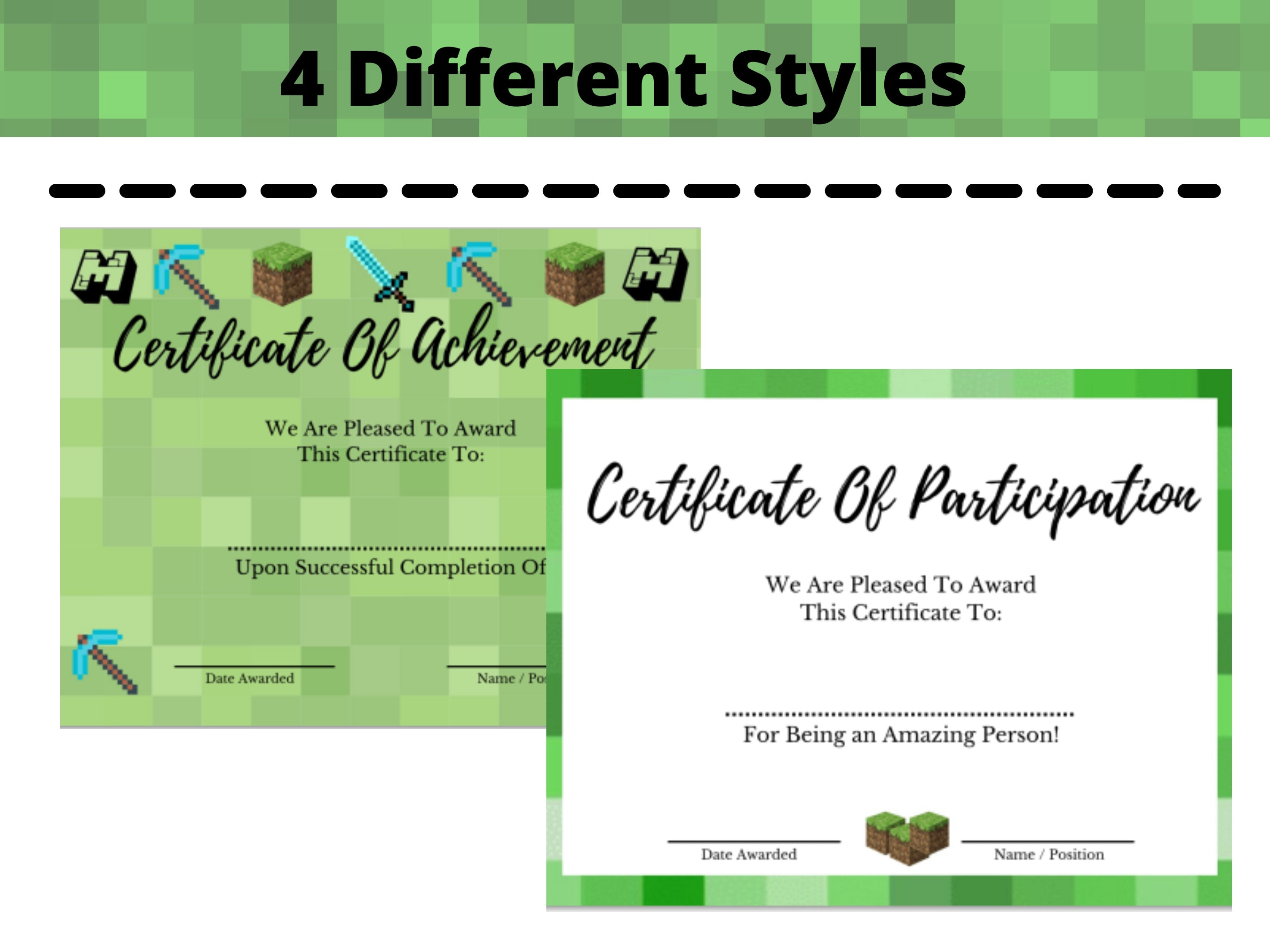 Certificate of Participation - Minecraft Theme, 4 Different Style ...