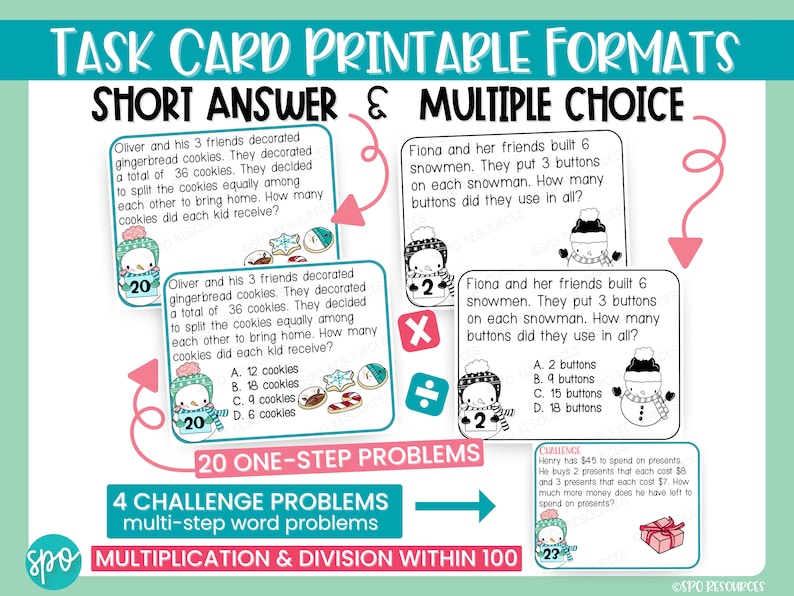 Winter Holiday Math Word Problem Task Cards Multiplication and Division ...