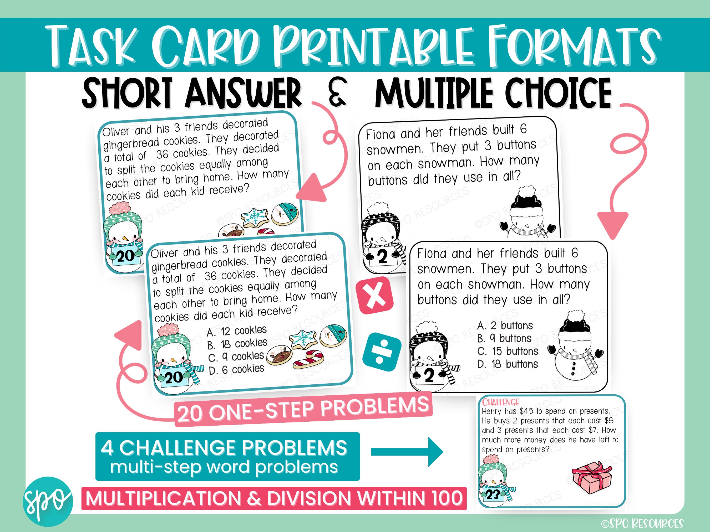 Winter Holiday Math Word Problem Task Cards Multiplication and Division ...