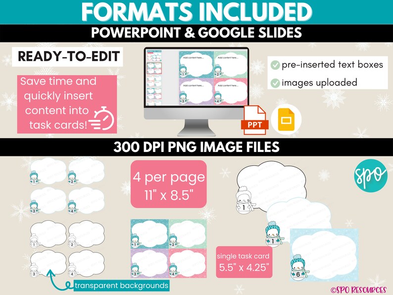 Snowman Editable Task Card Template Winter Task Cards- Commercial Use ...