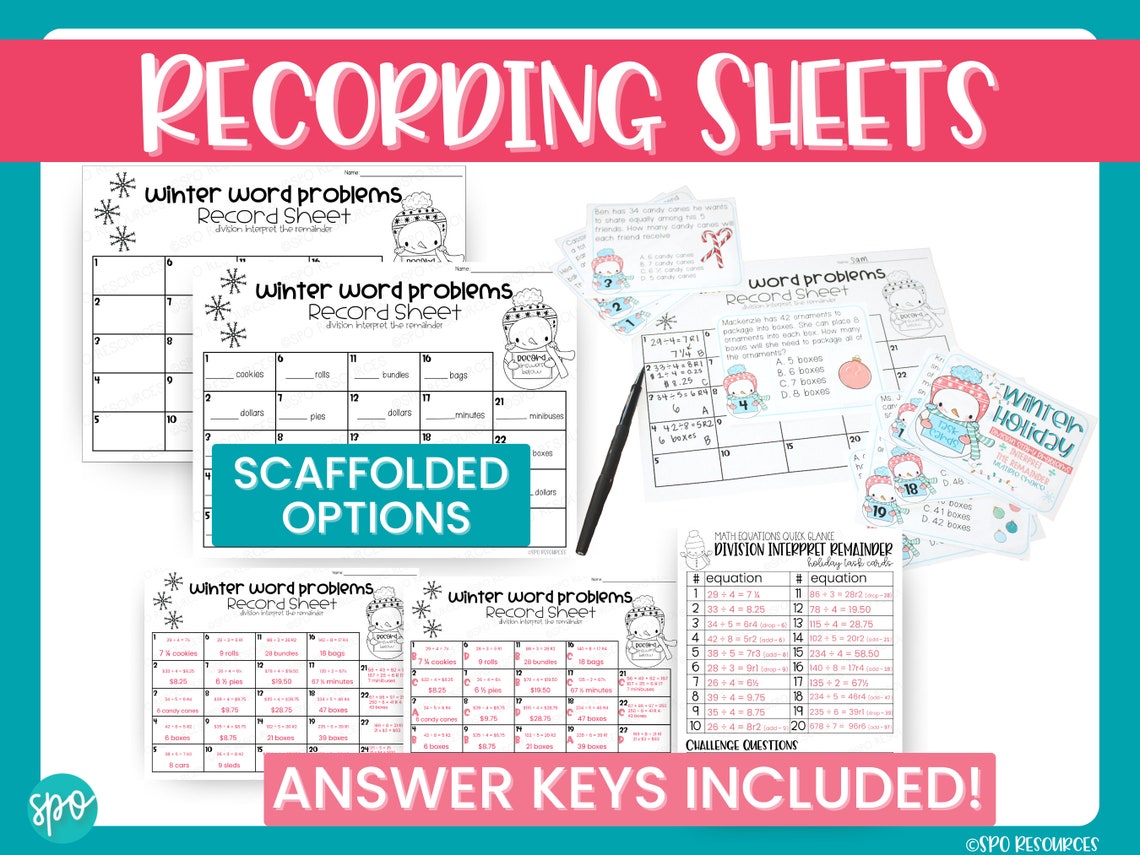 Winter Holiday Math Task Cards Division Interpret the Remainder Word ...