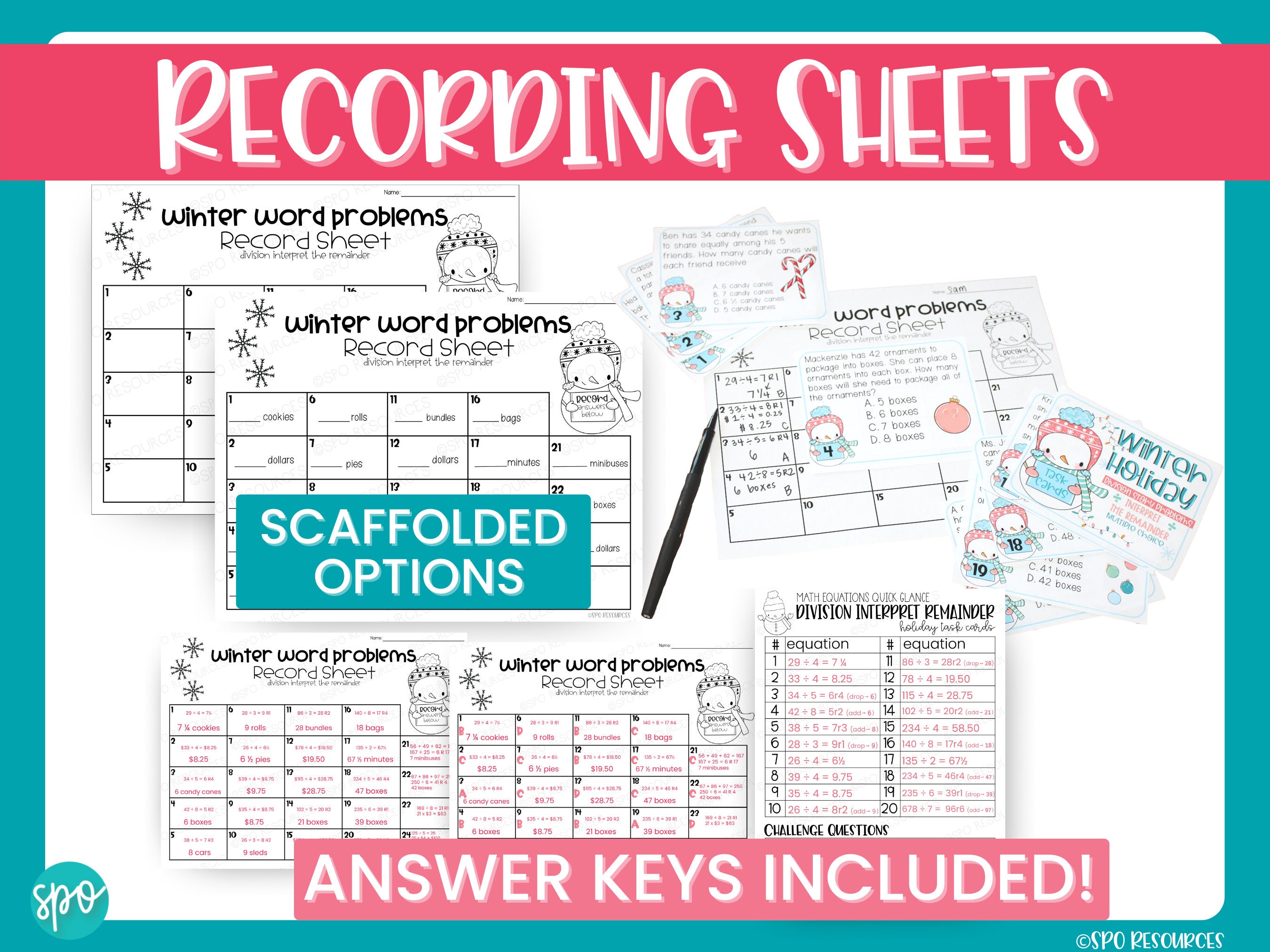 Winter Holiday Math Task Cards Division Interpret the Remainder Word ...