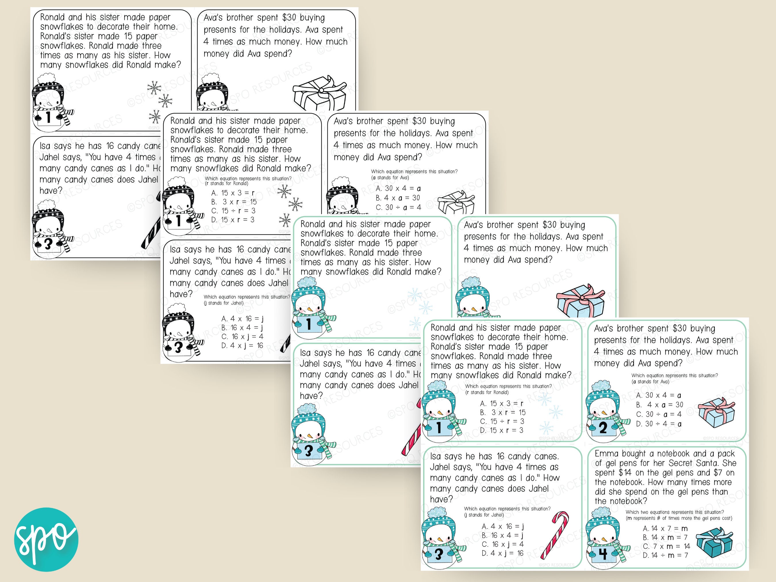 Winter Holiday Math Task Cards Multiplicative Comparison Word Problems ...