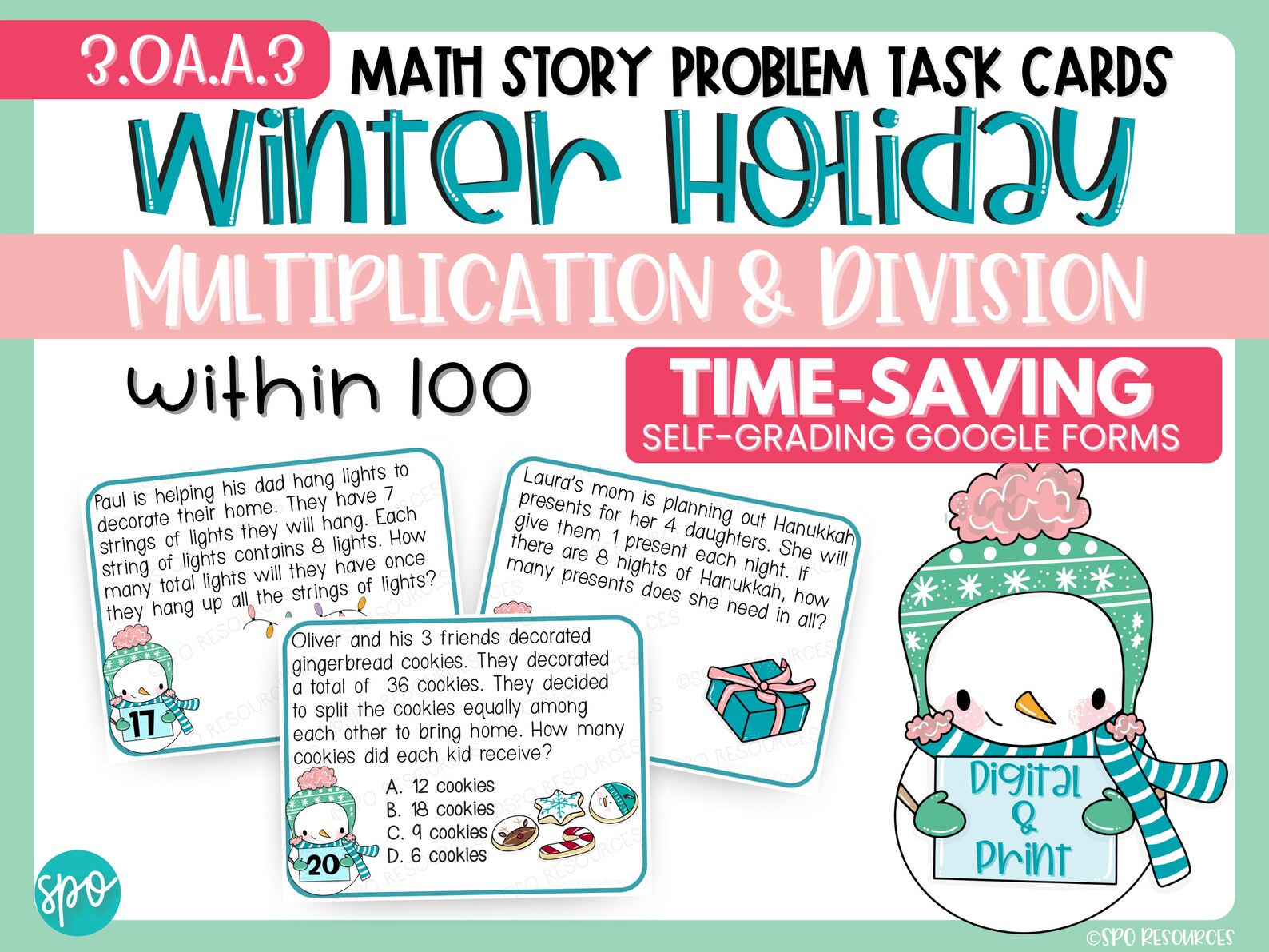 Winter Holiday Math Word Problem Task Cards Multiplication and Division ...