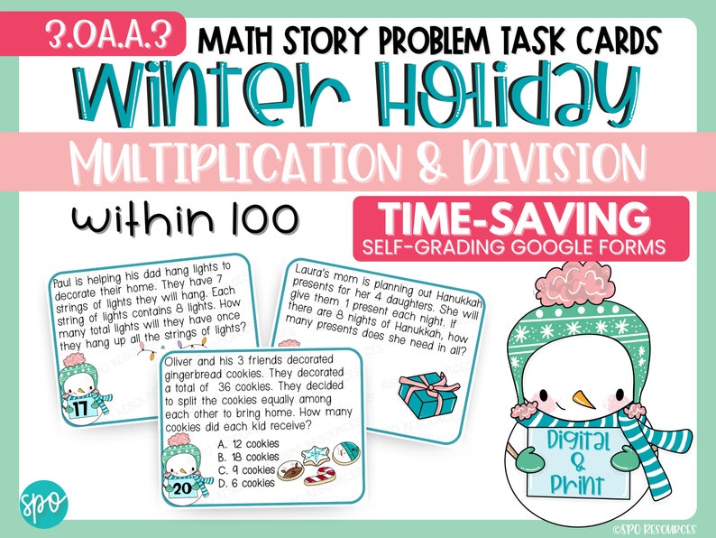Winter Holiday Math Word Problem Task Cards Multiplication and Division ...