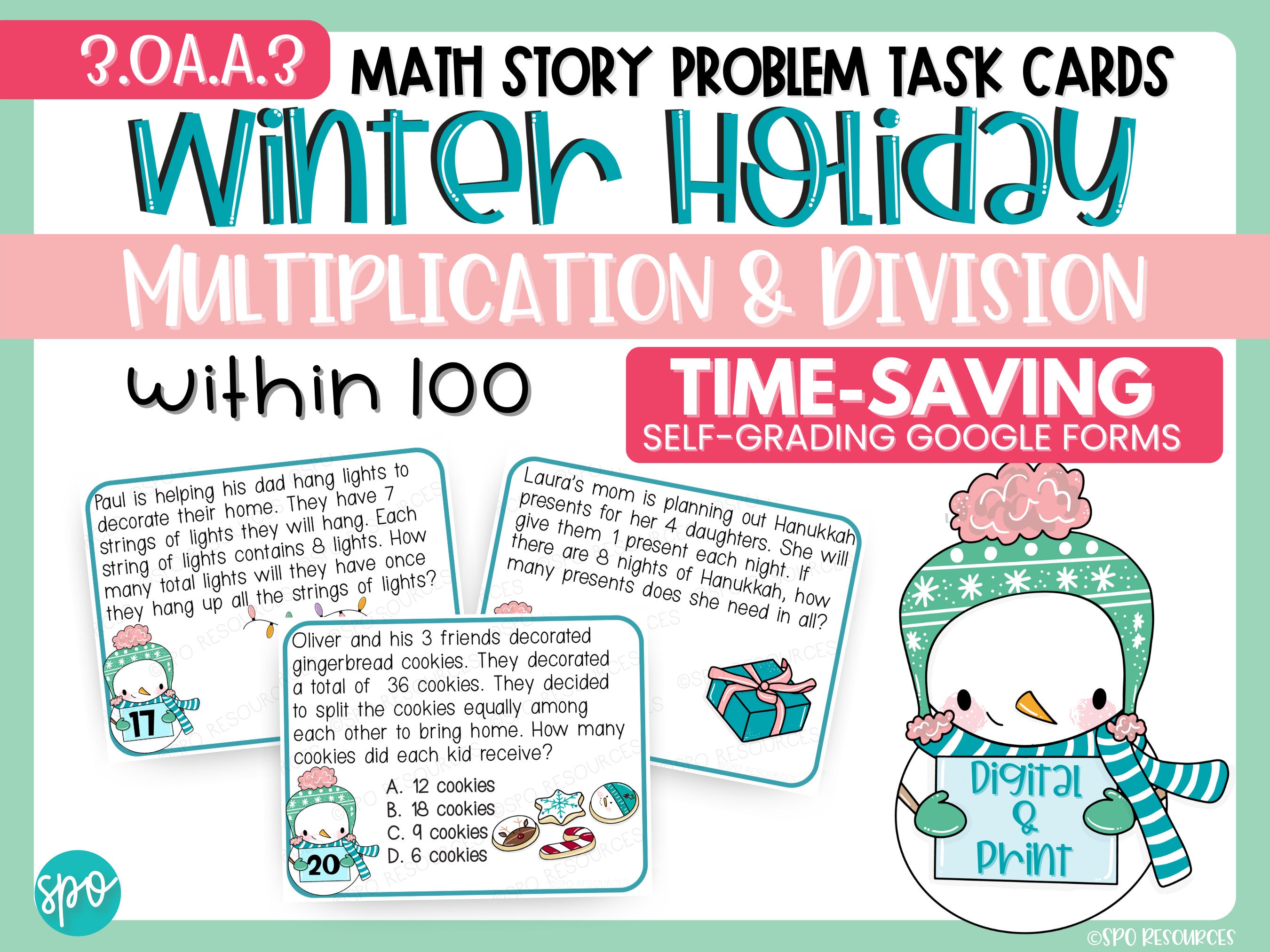 Winter Holiday Math Word Problem Task Cards Multiplication and Division ...