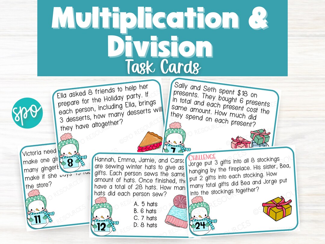 Winter Holiday Math Word Problem Task Cards Multiplication and Division ...