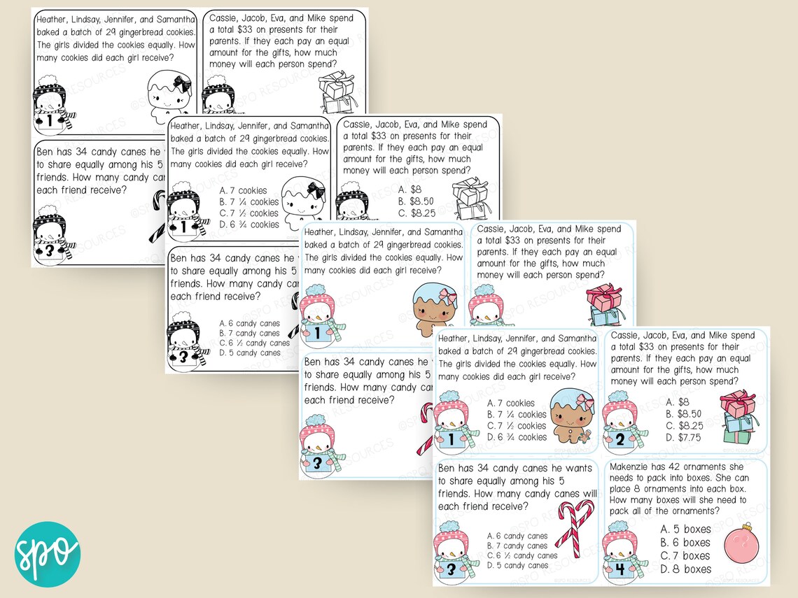 Winter Holiday Math Task Cards Division Interpret the Remainder Word ...