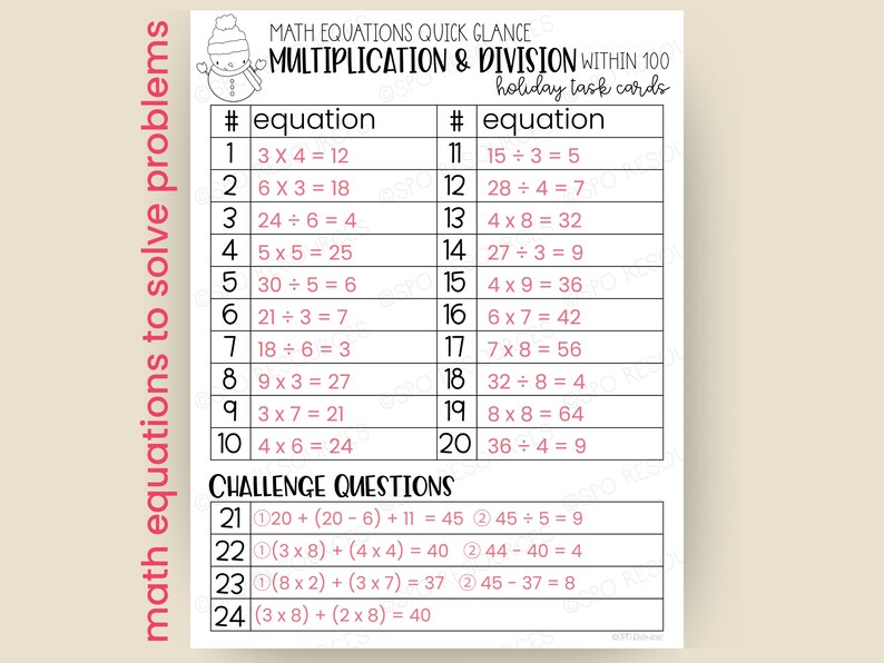 Winter Holiday Math Word Problem Task Cards Multiplication and Division ...
