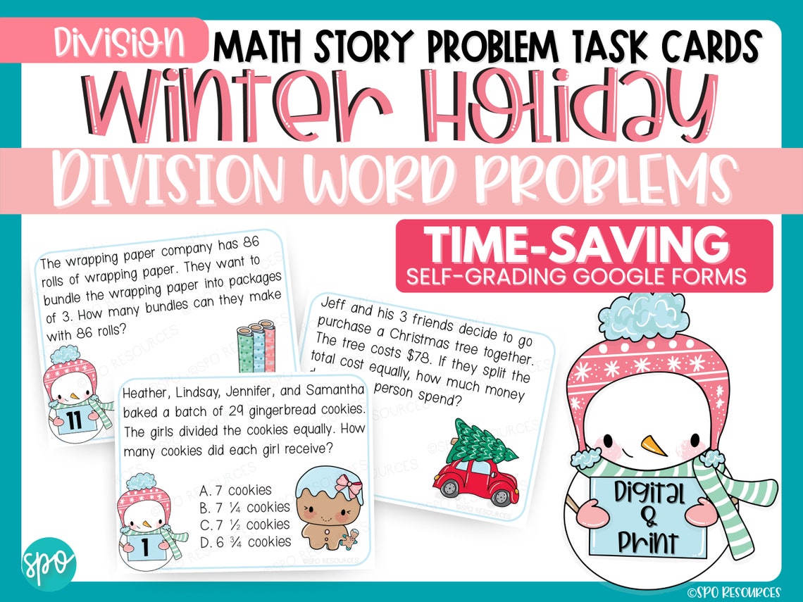 Winter Holiday Math Task Cards Division Interpret the Remainder Word ...