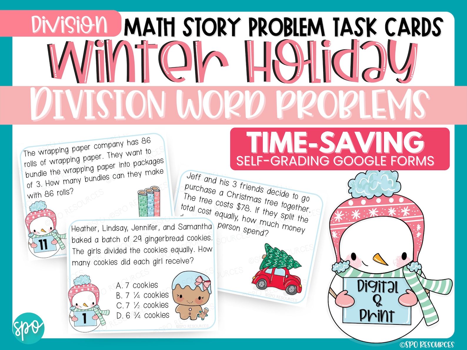 Winter Holiday Math Task Cards Division Interpret the Remainder Word ...