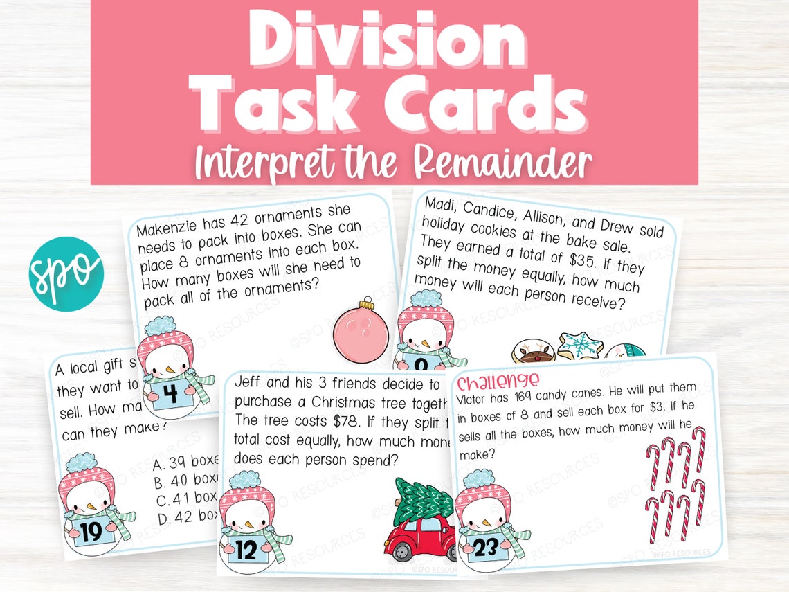 Winter Holiday Math Task Cards Division Interpret the Remainder Word ...