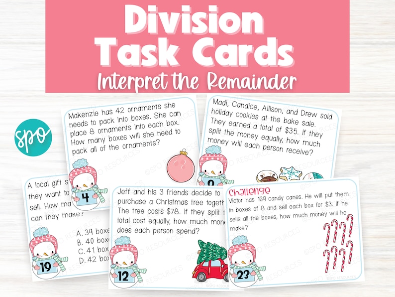 Winter Holiday Math Task Cards Division Interpret the Remainder Word ...
