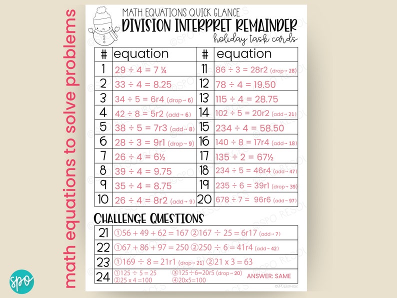 Winter Holiday Math Task Cards Division Interpret the Remainder Word ...