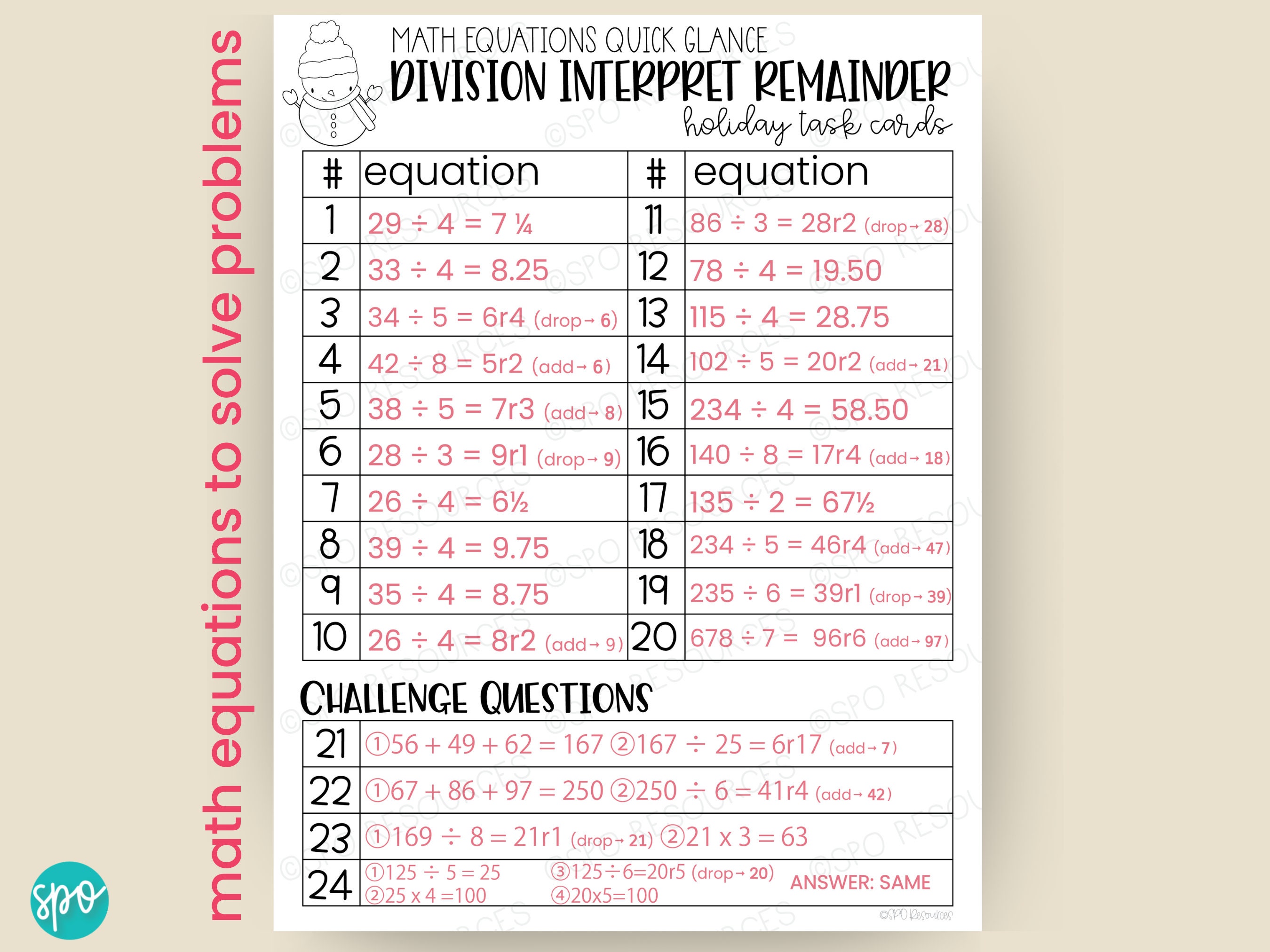 Winter Holiday Math Task Cards Division Interpret the Remainder Word ...