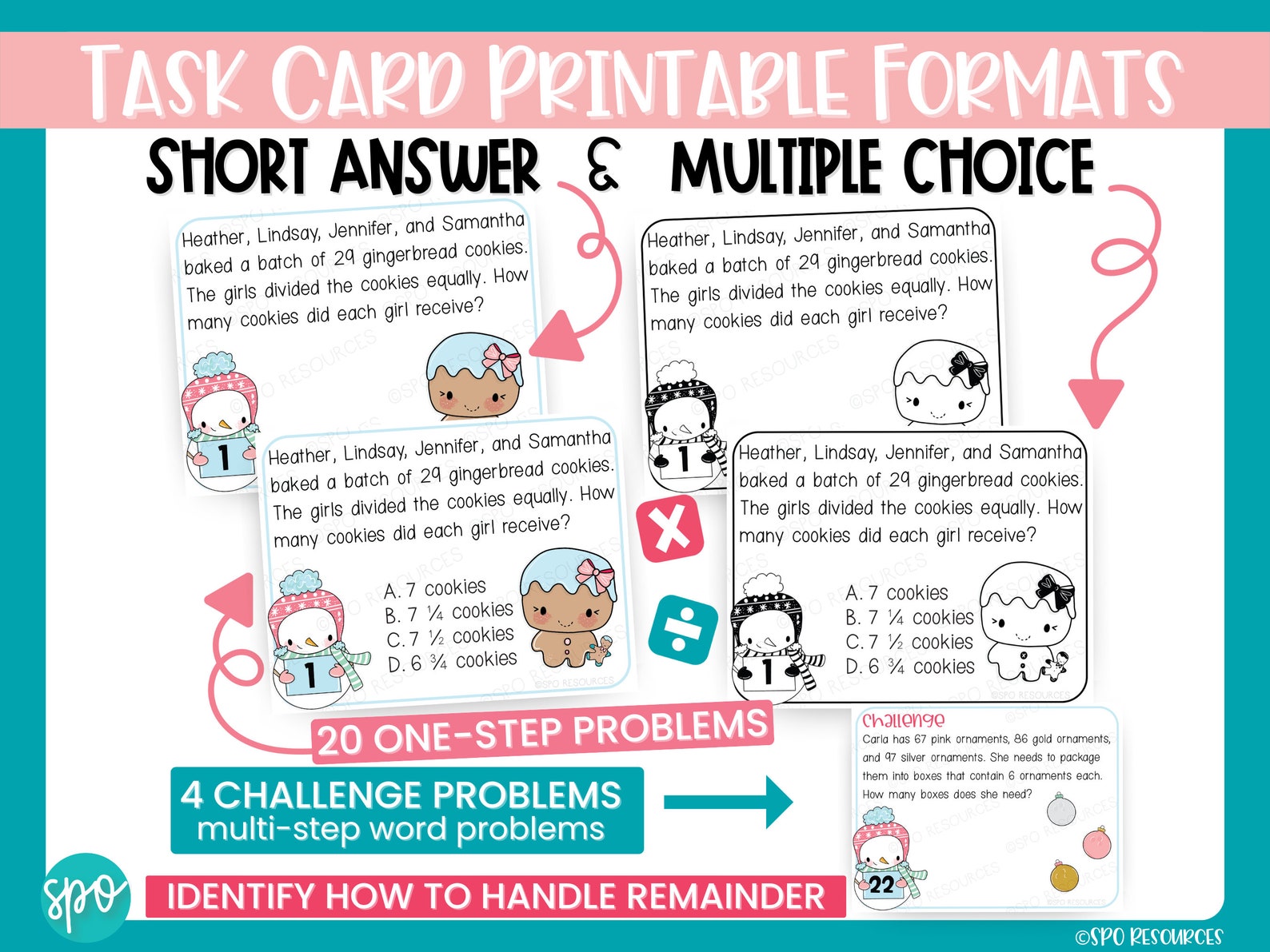 Winter Holiday Math Task Cards Division Interpret the Remainder Word ...