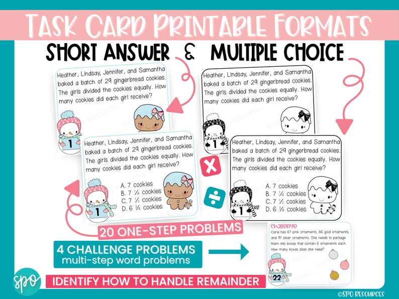 Winter Holiday Math Task Cards Division Interpret the Remainder Word ...
