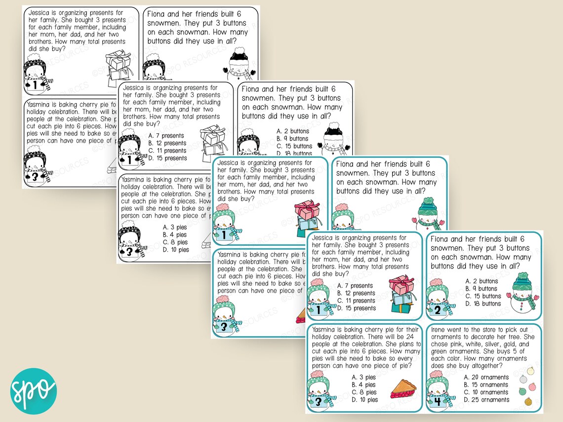 Winter Holiday Math Word Problem Task Cards Multiplication and Division ...