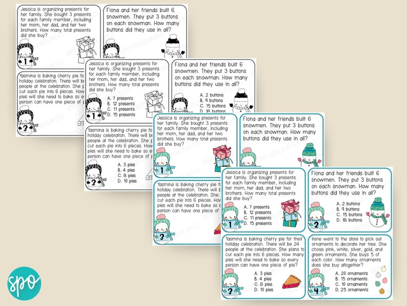 Winter Holiday Math Word Problem Task Cards Multiplication and Division ...