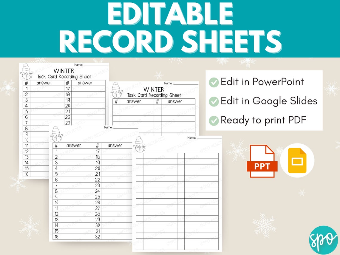 Snowman Editable Task Card Template Winter Task Cards- Commercial Use ...