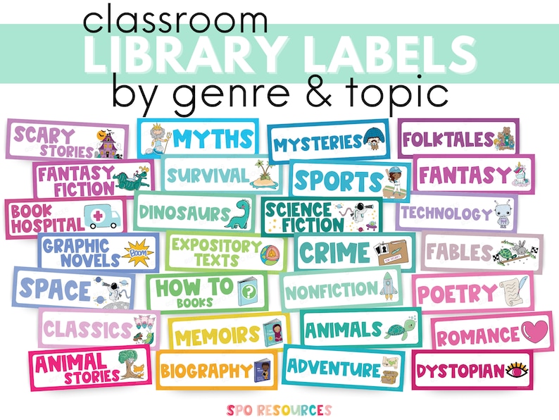 Classroom Library Labels by Genre & Topic for Book Bins and Bookshelves ...