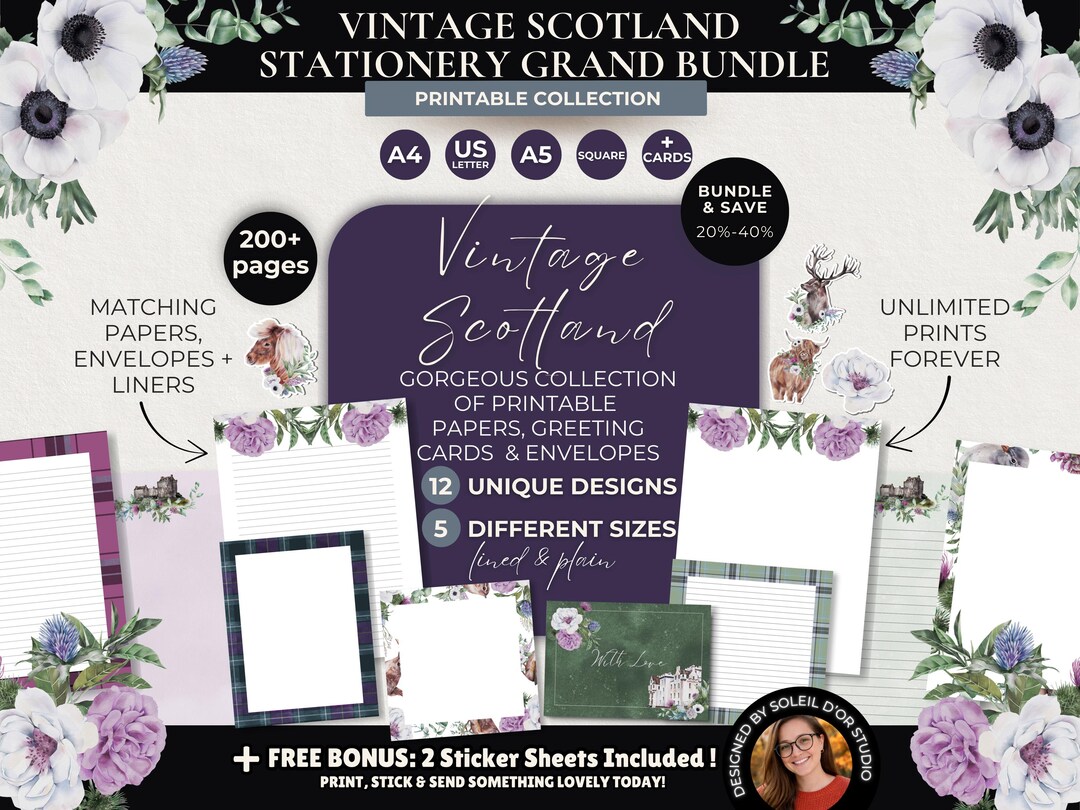 Vintage Scotland Stationery Set Printable, Letter Writing Paper, Cards ...