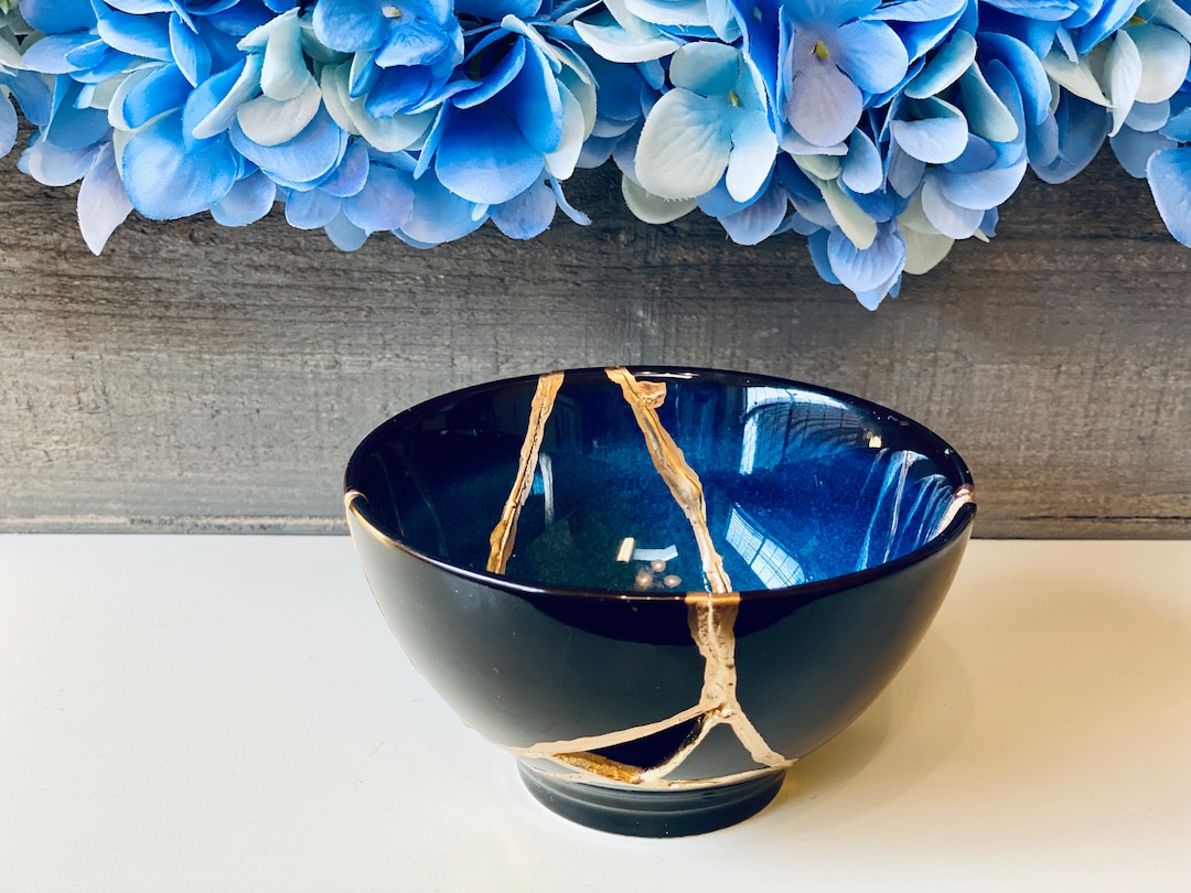 Handcrafted Kintsugi Blue Bowl Unique Anniversary Gift, Minimalist ...