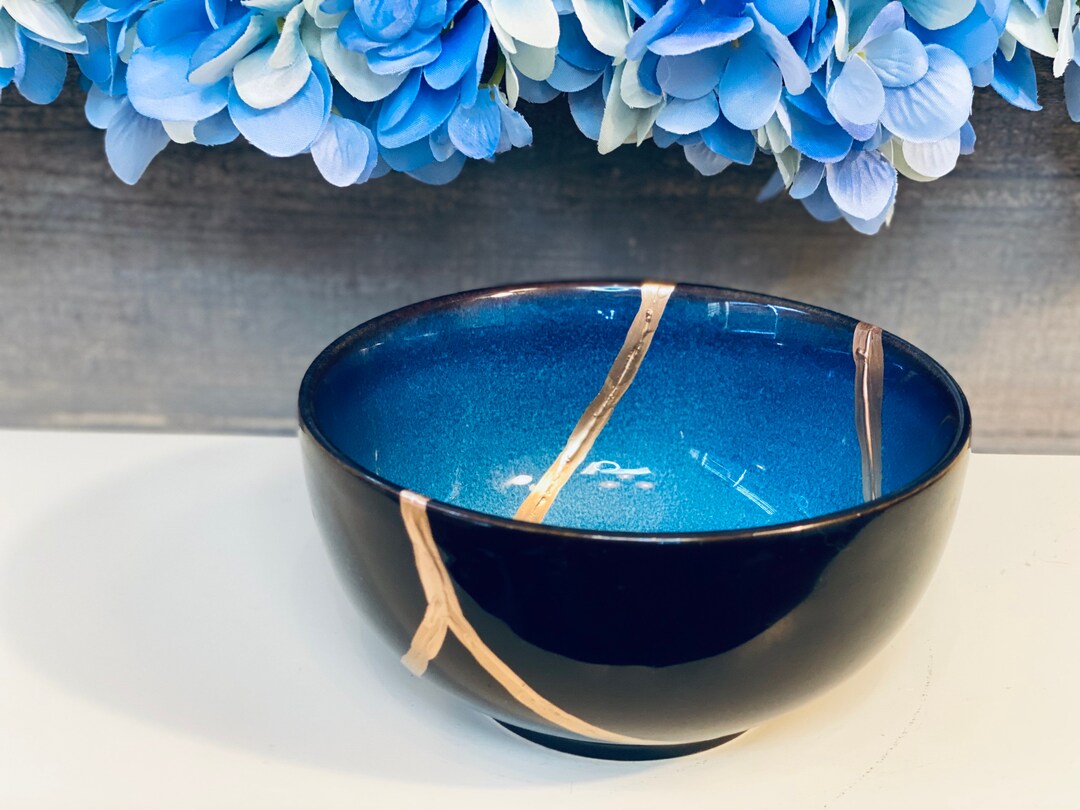 Kintsugi Bowl, Kintsugi Blue Gold Bowl, Handmade Gift, Minimalist ...