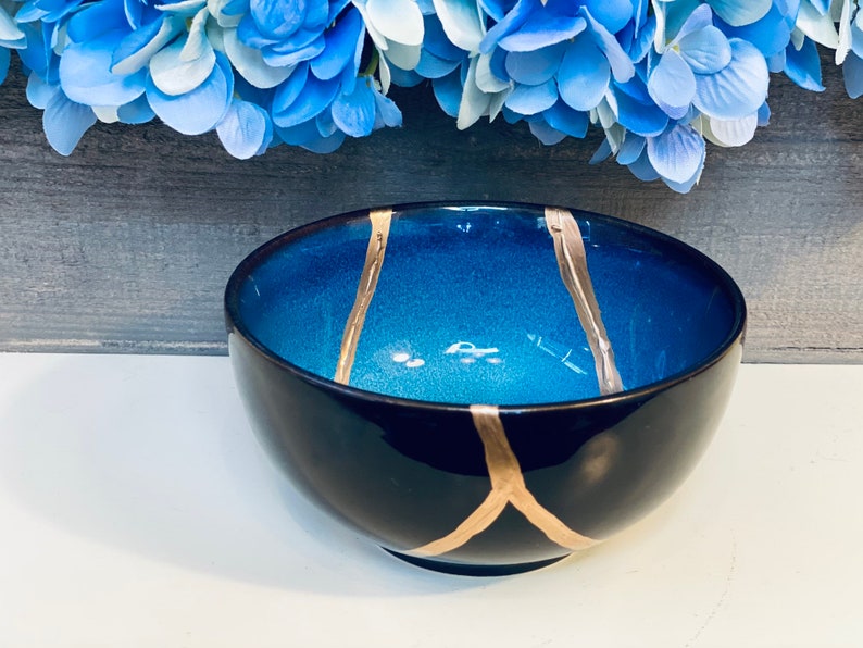 Kintsugi Bowl Kintsugi Blue Gold Bowl Minimalist Kintsugi - Etsy