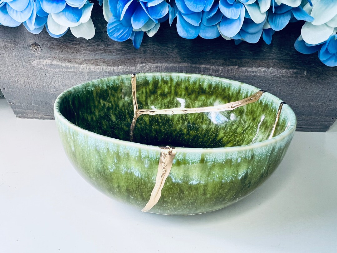 Kintsugi Bowl, Kintsugi Cyprus Green Bowl, Gift for Her, Kintsugi Green ...