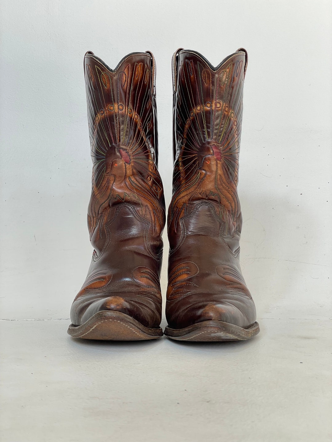Vintage Texas Brand Cowboy Boots Brown With Multicolor Peacock ...