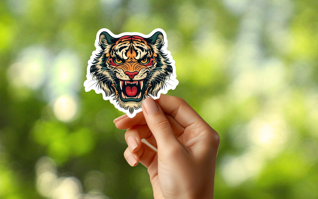 Vintage Tiger Head Sticker – Fierce Tattoo Style Vinyl Sticker, Roaring ...