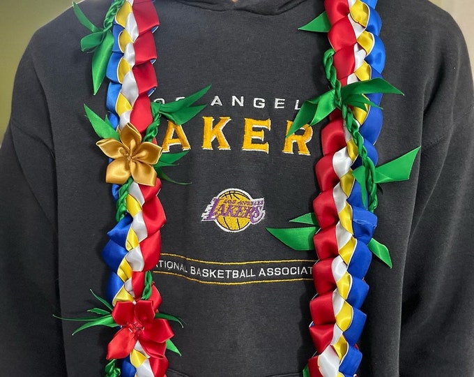 Filipino Lei With Ti Leaf Twist and Ribbon Flowers - Maile Style - Etsy