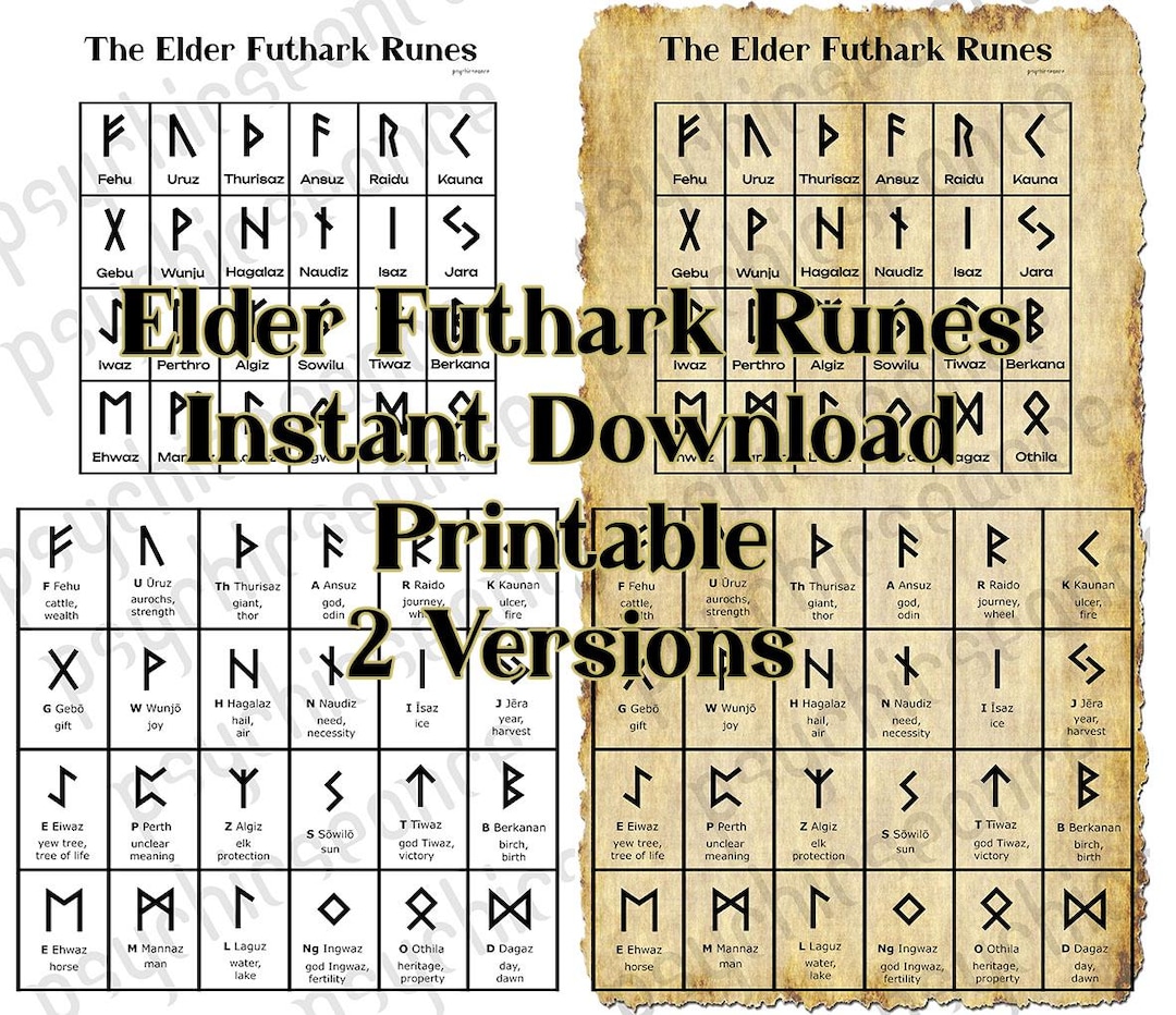 Elder Futhark Rune Cheat Sheets Printable Viking Grimoire Pages Pagan ...