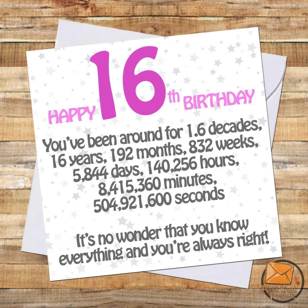 Funny 16th Birthday Card / Daughter / Niece / Granddaughter / Friend ...