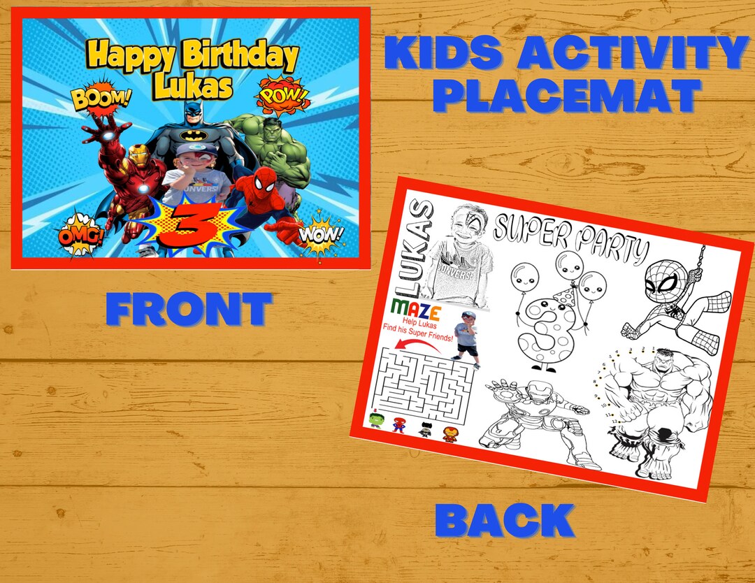 Personalized Printable Placemat for Kids, Superhero Theme, Kids Party ...