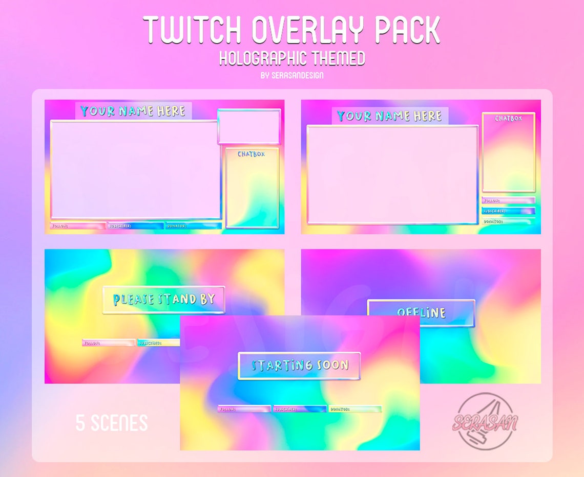 Holographic Overlay Pack Twitch, Overlay Twitch, Cute, Kawaii, Colorful, Stream overlay, Twitch ...