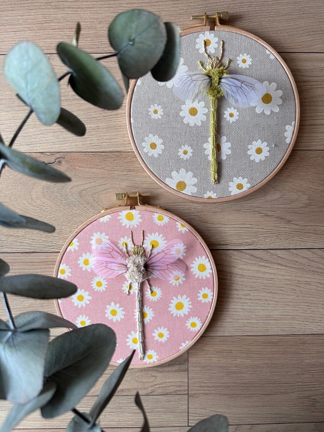 Beetle Dragonfly on Floral Daisy Fabric With Wings Embroidered ...