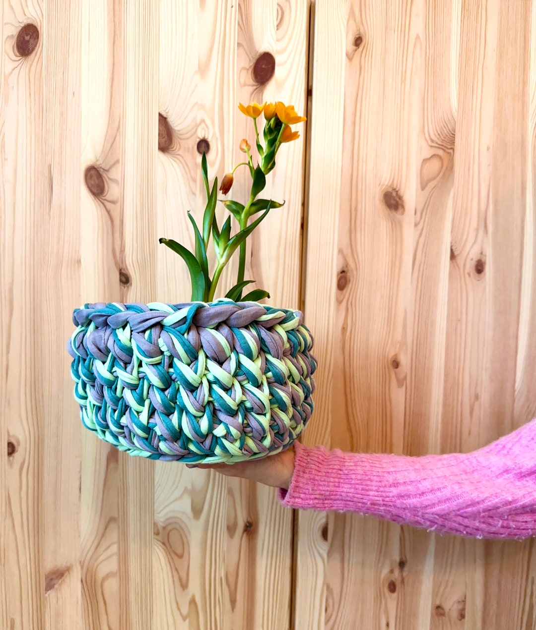 Crochet Basket Tricolor Shades of Green Crochet Basket Order Home Decor ...
